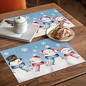 Christmas Snowman PVC Placemats Set of 4 for Dining Table, Washable Wipeable Vinyl Table Mats, Xmas Winter Snowflake Non-Slip Place Mats Indoor for Kitchen Table Party Kids