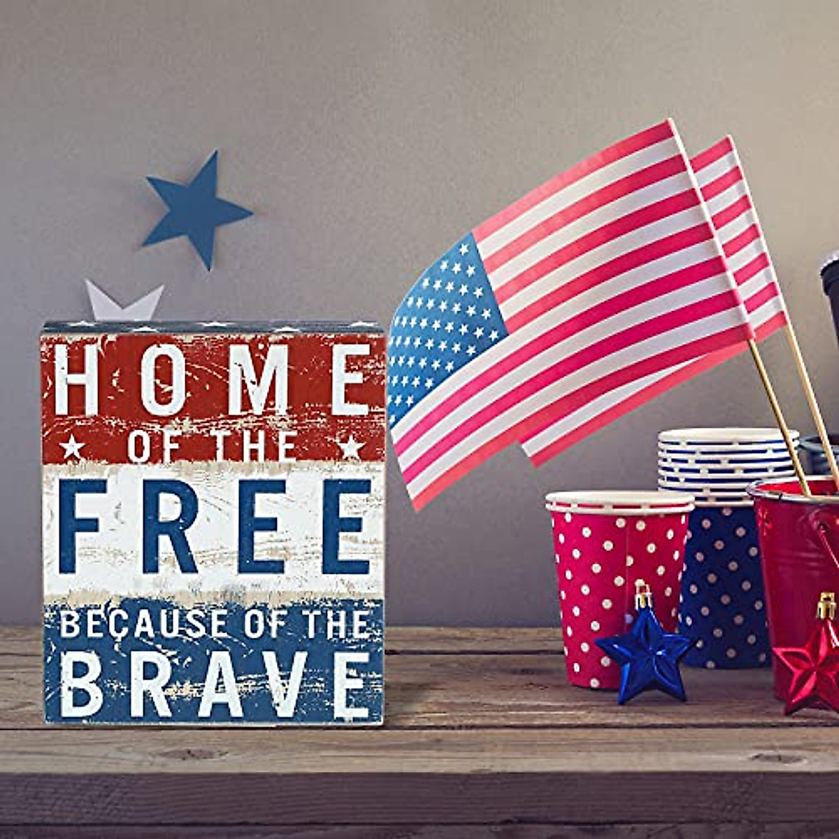 Labor Day Decor Independence Day Patriotic Box Sign 5 x 6 Inch Wood American Flag Patriotic Decor Home of the Free Because of the Brave 4th of July Farmhouse Rustic Wooden Block Tiered Tray Decoration