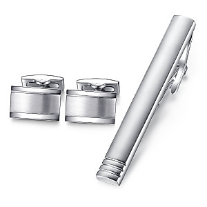 HONEY BEAR Rectangle Cufflinks Tie Clip Set Mens Business Wedding Gift Silver with Box