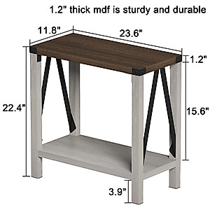 ChooChoo Farmhouse End Table Set of 2, Narrow Side End Table with Storage Shelf, Rustic A-Design Nightstand Sofa Table for Living Room, Bedroom(White&Brown)