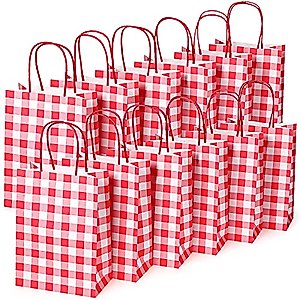 30 Pieces Gingham Gift Bags Kraft Paper Bag Christmas Buffalo Plaid Bag Present Bag Party Favor Bag with Handle Goody Bag for Christmas Birthday Party Supplies, 5.91 x 8.27 x 3.15 Inch (Red White)