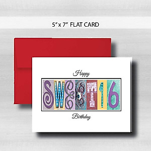 Sweet 16 Birthday Card, Milestone, 5" x 7" FLAT CARD, Pastel, Greeting Cards, Lavender, yellow, pink, blue