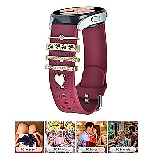 ORATYFAN Bands for Samsung Galaxy Watch 4/5/6 Band with Charms, 20mm Women Floral Engraved Silicone Strap with Decorative Rings for Watch 6/Watch 5 Pro/Watch 4 Classic 46mm 42mm/Watch 3 41mm/Active 2