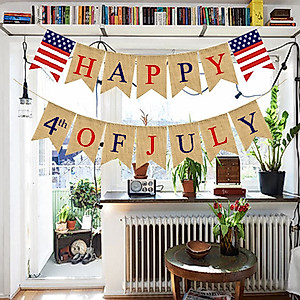 Whaline Happy 4th of July Banner Patriotic Burlap Bunting No DIY Required American Flag USA Banner Garland Independence Day Decoration for Home Party Mantel Fireplace Supplies