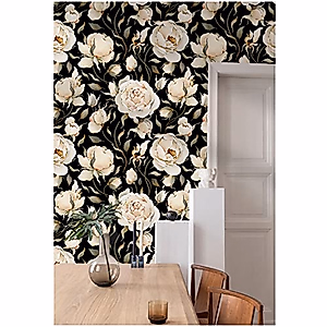 HAOKHOME Peel and Stick Wallpaper Floral Vintage Roses Peonies Contact Paper Removable Black/Beige/Olive Self Adhesive Mural 17.7in x 9.8ft