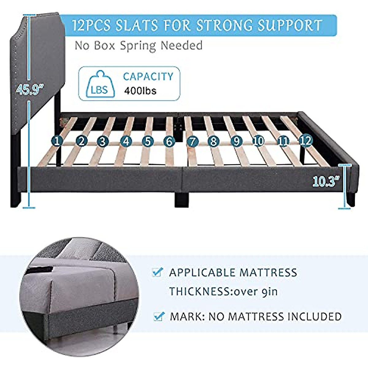 STP-Y Upholstered Platform Bed, Rockjame Full Bed Frame Mattress Foundation with Nailhead Trim Headboard and Plywood Slats, No Box Spring Required (Full) (Size : Full)