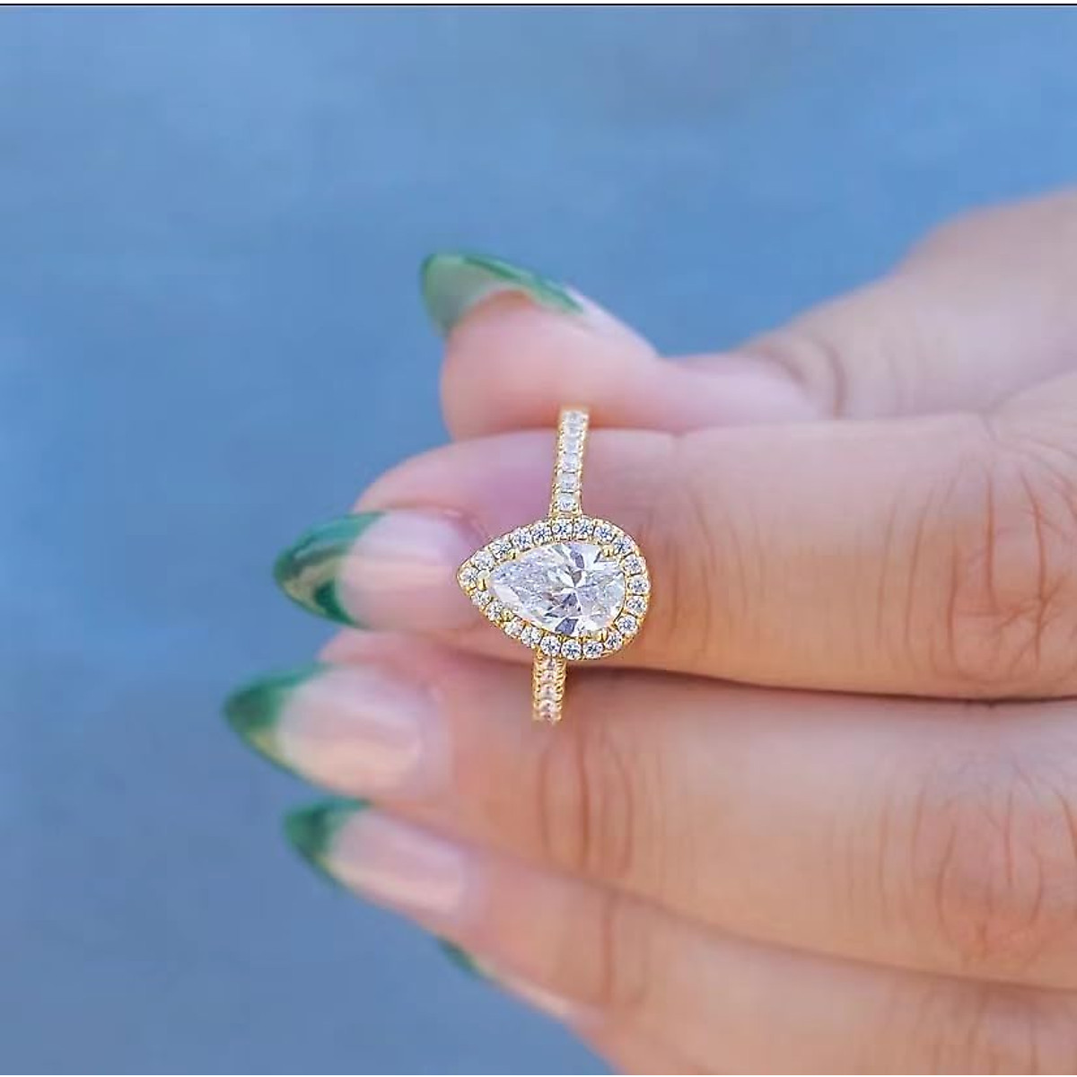 Aojun 14K Gold Vermeil S925 Sterling Silver Pear Shaped Cubic Zirconia Promise Halo Engagement Promise Eternity Ring for Women (Water Drop Gold, 5)