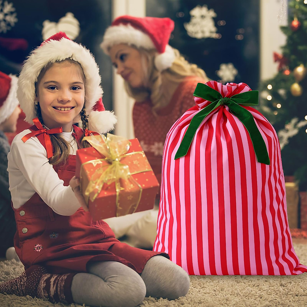 DYSHAYEN Santa Sack Christmas Bag,Extra Large Size 27"x19.5"Canvas Heavy Duty Personalize Gift Bag for Kids,Party Decoration (Stripe)