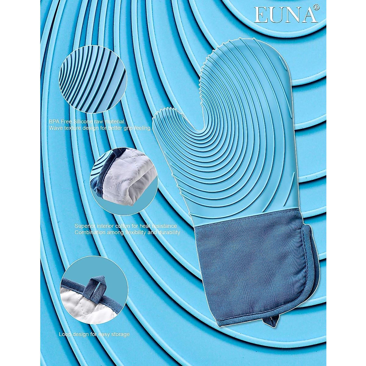 EUNA Silicone Oven Mitts, Heat Resistant Oven Mitts and Pot Holders Sets, Non-Slip Kitchen Mittens with Mini Oven Gloves and Hot Pads, Perfect for Baking Cooking, Quilted Liner, Gift Box, Blue & Azure