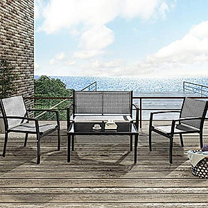 Tuoze 4 Pieces Outdoor Patio Furniture Set Conversation Set with Glass Coffee Table Bistro Set with Loveseat Garden Yard Lawn and Balcony (Grey)