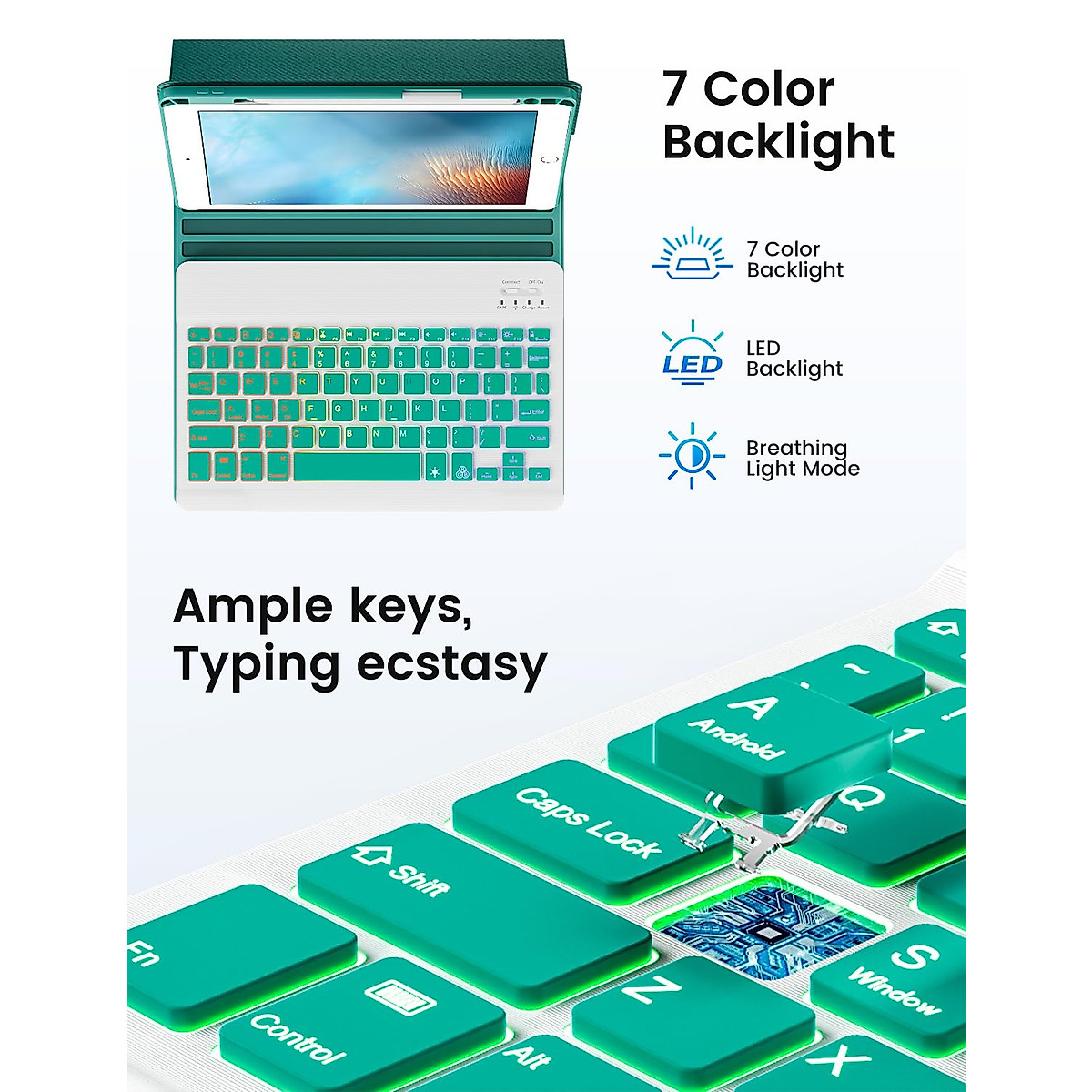 OYEEICE Keyboard case for iPad 9.7 inch, iPad 6th Gen (2018), iPad 5th Gen (2017), iPad Air 2 (2014) - 7 Color Backlit Wireless Keyboard with Pencil Holder for iPad 6th/5th Pro 9.7'' Air 2/1 - Teal