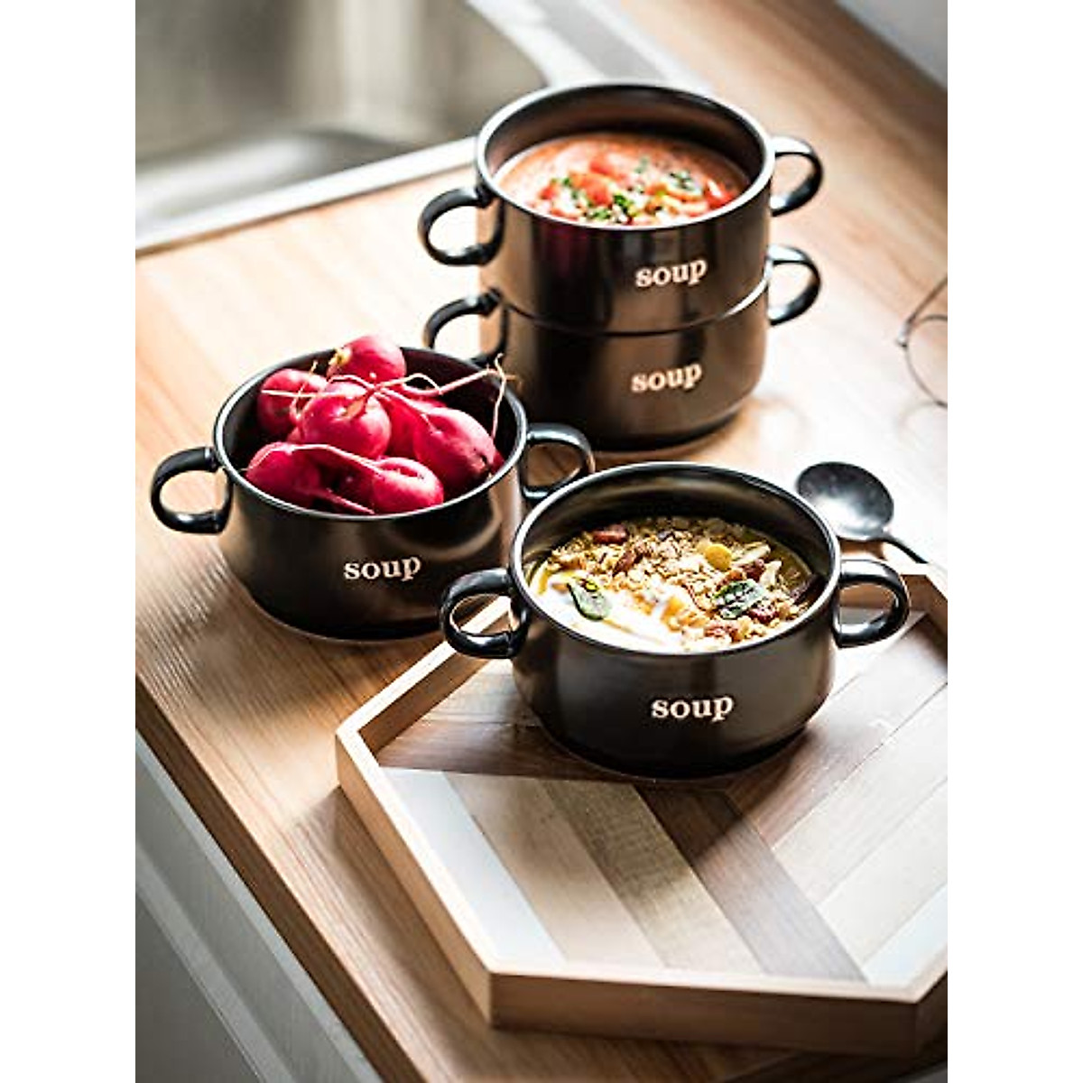 LAUCHUH 27 Ounces Soup Bowls with Handles, French Onion Soup Bowls, Oven Safe Soup Bowls Serving Bowls for Entertaining, Party Stackable, Black