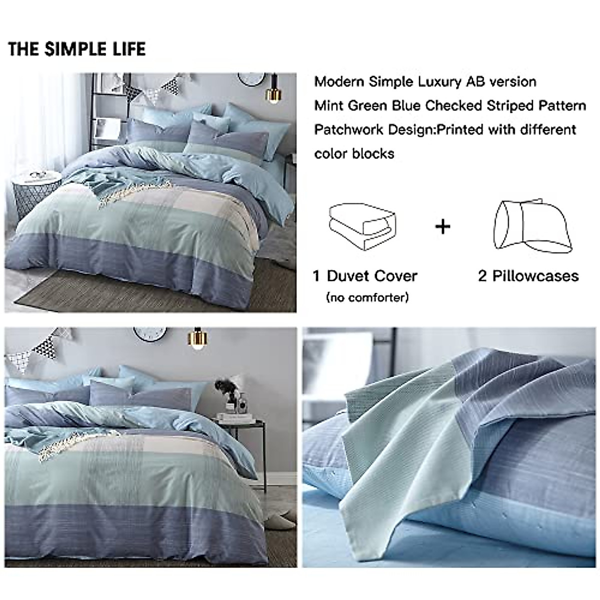 VM VOUGEMARKET Blue Patchwork Duvet Cover Set Queen Multi-Dimensional Design Modern Bedding Set Plaid Mint Green with Stripes Soft Cotton Comforter Cover with Zipper Closure-No Filling