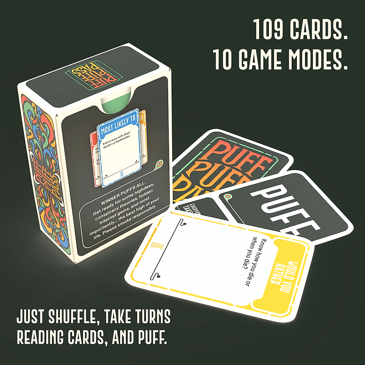 Puff Puff Pass: The Card Game for Stoners w/ 109 Hilarious Trivia, Conversation Starters, Would You Rathers, and More.