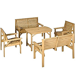 Outsunny 5 Piece Wooden Patio Dining Set for 6, Outdoor Conversation Set with 2 Armchairs, 2 Loveseats, and Dining Table with Umbrella Hole for Backyard, Garden, Light Brown