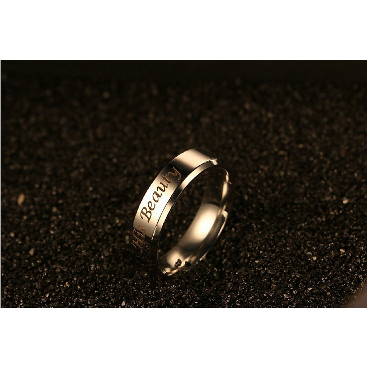 His Beauty Engraved Ring Silver Stainless Steel Womens Anniversary Engagement Wedding Band Promise Rings (Her Size 8)