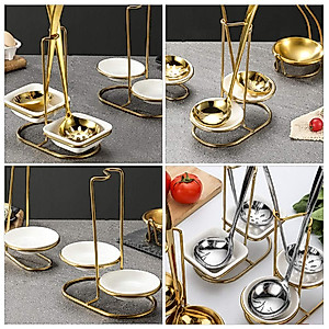 jojofuny Standing Spoon Rest with Ceramic Dish, Stainless Steel Upright Spoon Holder, Double Ladles Holder Utensil Stand for Stovetop Counter
