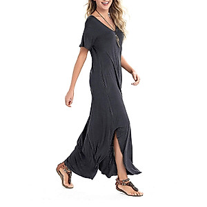 Arolina Women's Summer Maxi Dress Short Sleeve V Neck Casual Loose Long Beach Split Dresses with Pockets Dark Grey