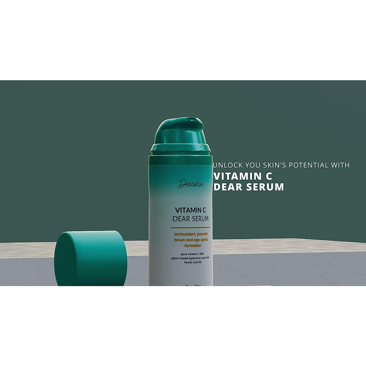 Dearskin Vitamin C Serum 20% - PURE L-ASCORBIC ACID, Ferulic Acid, Hyaluronic Acid Botanic, Vitamin E Organic Cruelty Free for Face and Neck Best Antioxidant, Treatment for Wrinkles, Men and Women