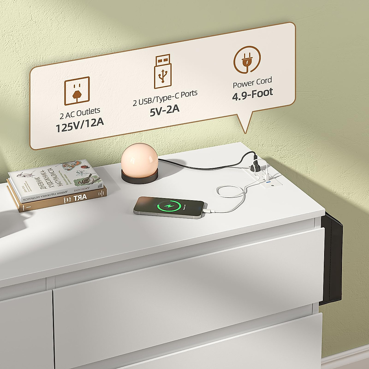 TJYGO White Dresser with Charging Station, Modern Chest 6 Drawers, Clothing Organizer with Wide Storage Space, Storage Cabinet for Living Room, Bedroom, Closet, Hallway