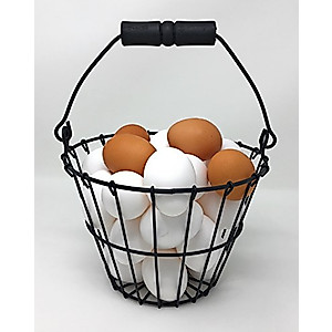 Wire Egg Basket, Round with Wood Handle, Black by EggBaskets