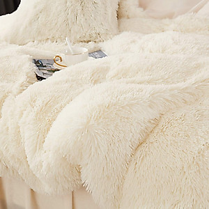 JAUXIO Luxury Long Faux Fur 3 PCS Bedding Set Shaggy Comforter Duvet Cover with Pillow Shams Ultra Soft Crystal Velvet Reverse (Queen, Cream)