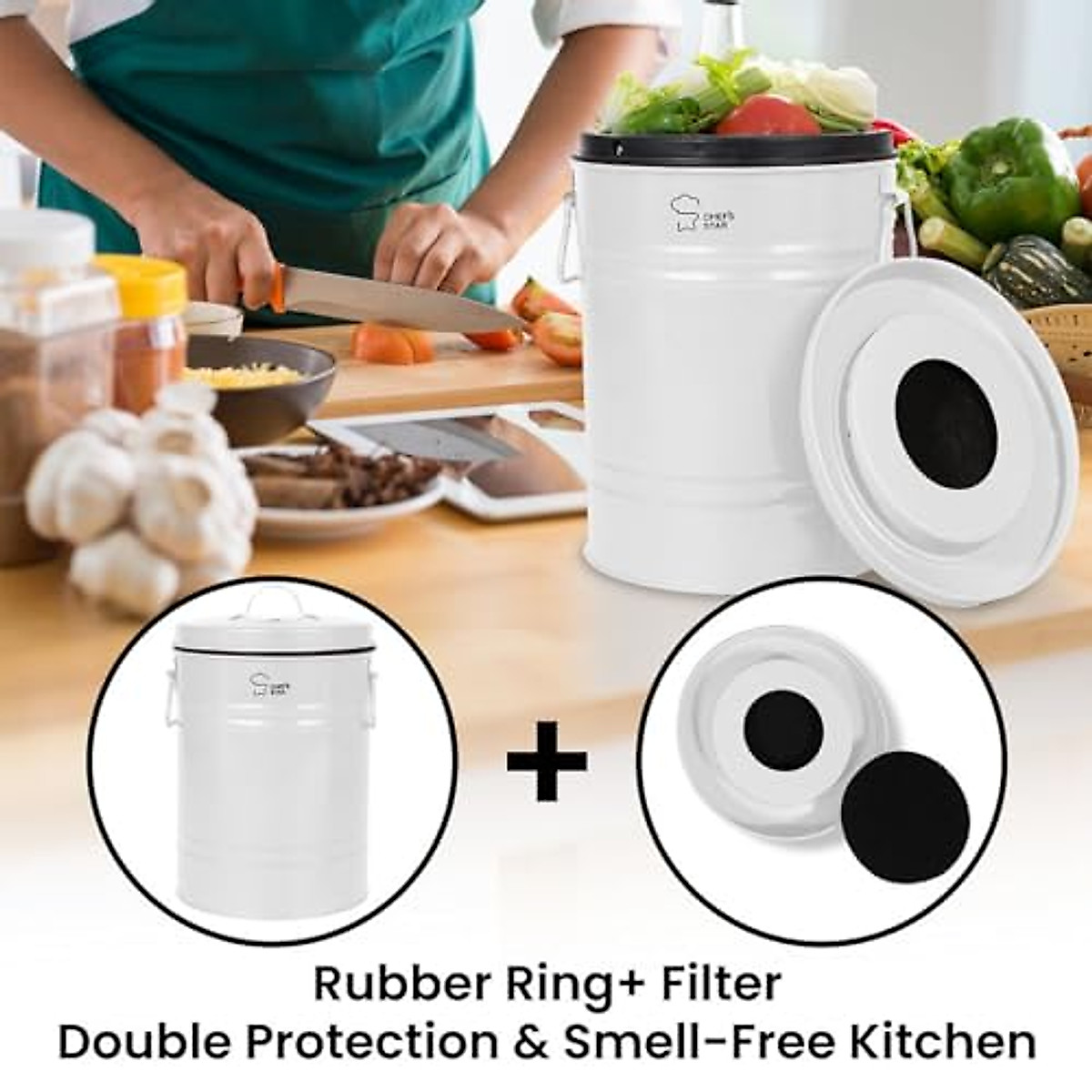 Chef's Star Countertop Compost Bin for Kitchen, Indoor Compost Bin for Kitchen Counter, Small Composter for Kitchen Counter, with Charcoal Filter, Airtight Lid, 0.8 Gallon Compost Pail, White