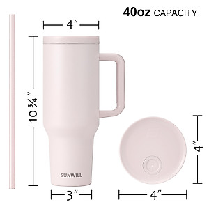 SUNWILL 40 oz Tumbler With Handle and Straw Lid, Coffee Tumbler Cups, Insulated Reusable Stainless Steel Travel Coffee Mug for Office & Outdoor, Cupholder Friendly, Rose Quartz