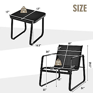 Tangkula 3 Pieces Outdoor Conversation Set, Patiojoy All-Weather Patio Furniture Set with Breathable Fabric and Steel Frame, Bistro Chat Set for Porch, Garden, Backyard (Black)