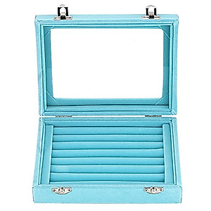 GSLSTGS Velvet Glass Jewelry Display Storage Box Ring Earrings Jewelry Box Ring Holder Case, 2 clasps (Light Blue)
