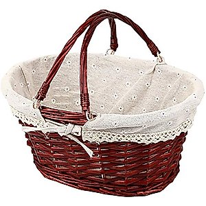 KINJOEK Wicker Woven Basket, Multipurpose Natural Willow Basket with Handle Premium Linen Cotton Cloth Lining for Storage and Decoration, Brown