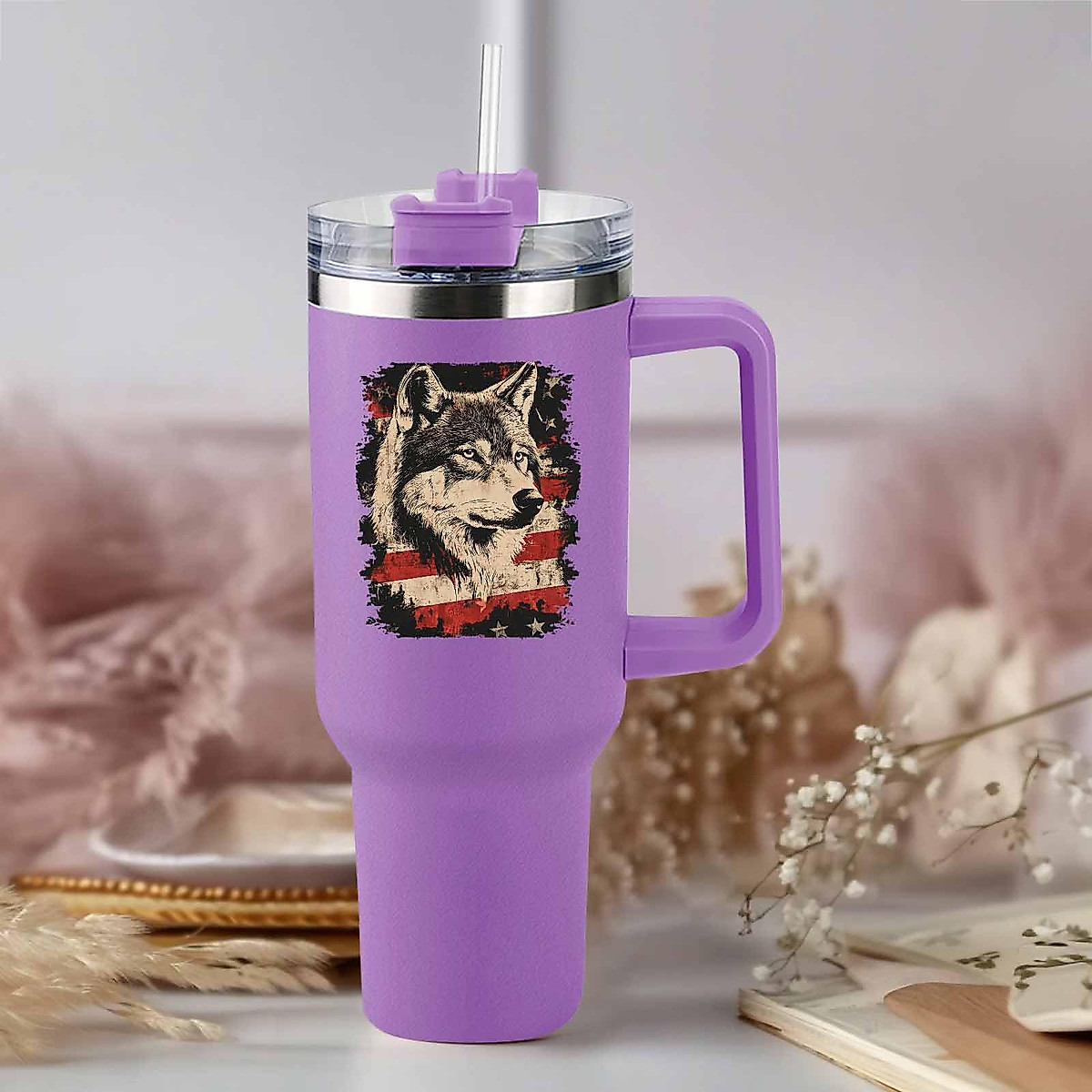 40 Oz Insulated Tumbler with Handle and Straw,Patriotic Wolf Stainless Steel Vacuum Insulated Travel Mug,Leak-proof Water Bottle Iced Coffee Cup,Vintage American Flag Animal