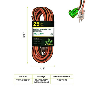 GoGreen Power GG-13725 16/3 25’ SJTW Outdoor Extension Cord, Lighted End, 25 Ft