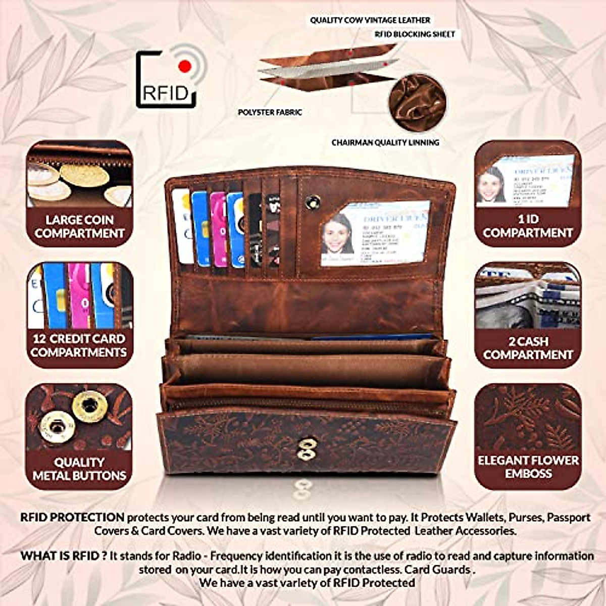 LEVOGUE RFID Flower embossed Leather Wallet for Women-Multi Credit Card Slots,Mobile case Coin Purse with ID Window-by VALENCHI (Cognac Vintage)