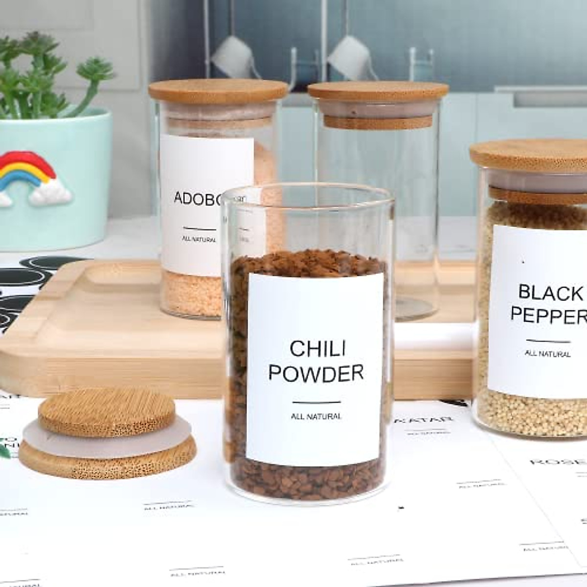 Datttcc 25 Pack Glass Spice Jars with Bamboo Lids-3.3 OZ Spice Jars with Labels and Chalk Marker-Small Food Storage Airtight Canister Sets for Spice Rack, Cabinet, Drawer,Kitchen Pantry Organization