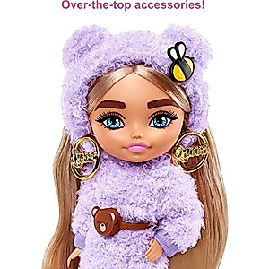 Barbie Extra Minis Doll #4 (5.5 in) Wearing Fluffy Purple Fashion, with Doll Stand & Accessories Including Teddy Ears and Sunglasses, Gift for Kids 3 Years Old & Up​