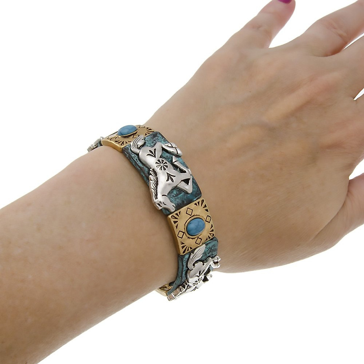 PammyJ Horse Bracelet Tri-Tone with Patina - Western Horse Stretch Bracelet