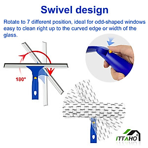 ITTAHO Squeegee for Window Cleaning,12" Squeegee and 11" Microfiber Scrubber Combi with Stainless Steel Pole,Extendable Window Cleaner for Car,Sliding Door,Shower Glass Door-Swivel Style-2 Pads
