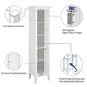 Elegant Home Fashions Glancy Linen Tower Freestanding Cabinet Tall Narrow Bathroom Kitchen Living Room Storage with 2 Shutter Doors 5 Tier Shelves, White, Standard