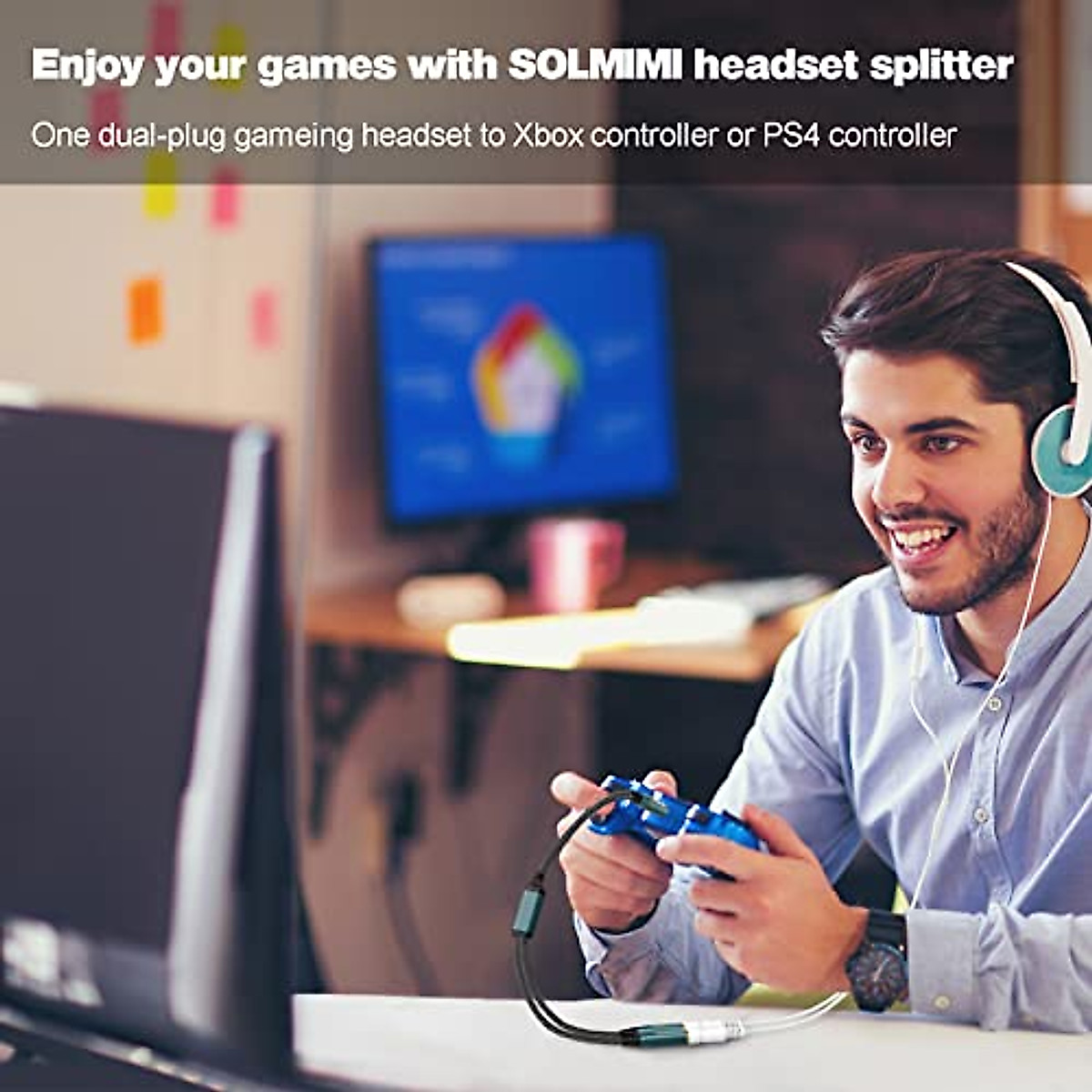 SOLMIMI Headset Adapter, 3.5mm Headphone Mic Splitter CTIA TRRS Male to Dual TRS Female Y Audio Microphone Splitter Cable for Gaming Headset to PC, Laptop, Smartphone, PS4, Xbox, Computer - 1 Feet