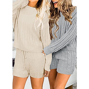 ZESICA Women's Casual 2 Piece Sweater Sets Long Sleeve Cable Knit Pullover Tops and Drawstring Shorts Sweatsuit Outfits,Apricot,Small