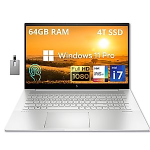 HP Envy 17.3" FHD IPS Touchscreen Laptop, Intel Core i7-1260P, 64GB RAM, 4TB PCIe SSD, Backlit Keyboard, Intel Iris Xe Graphics, 5MP IR Camera, Win 11 Pro, Silver, 32GB Hotface USB Card