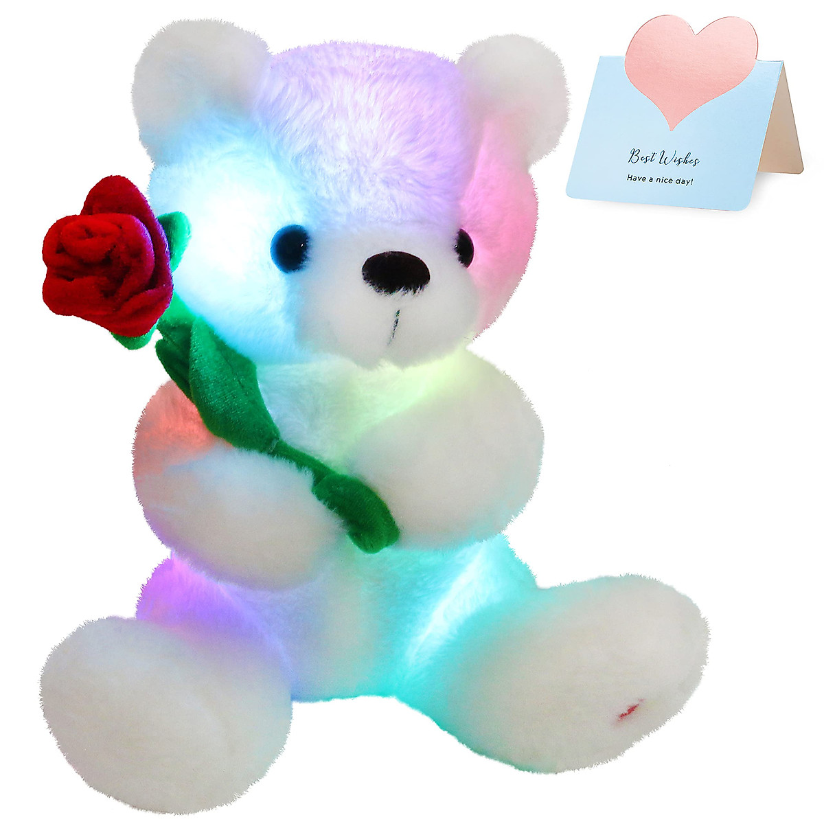 Houwsbaby Glow Teddy Bear with Rose Stuffed Animal for Graduate Soft Light Up Plush Toy LED Night Lights Valentine’s Day Presents for Kids Toddler Girlfriend,White,10.5''