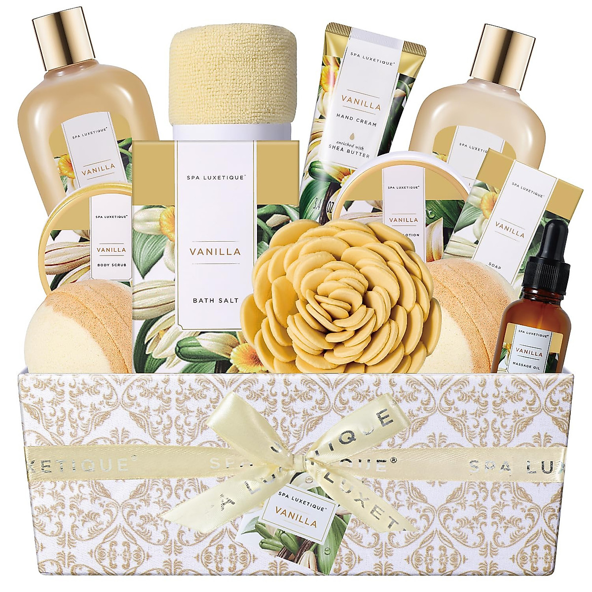 Spa Gift Basket for Women, Spa Luxetique Spa Gift Set for Women - Vanilla Scented Bath Set, 12 Pcs Relaxing Home Spa Kit with Essential Oil, Bath Salts, Body Scrub, Spa Kits for Women