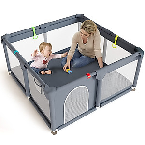 Baby Playpen, 50”×50” Play Pens for Babies and Toddlers, Gentle Monster Baby Playard with Gate & Anti-Slip Base, Sturdy Safety Play Yard for Baby with Storage Bag Indoor & Outdoor