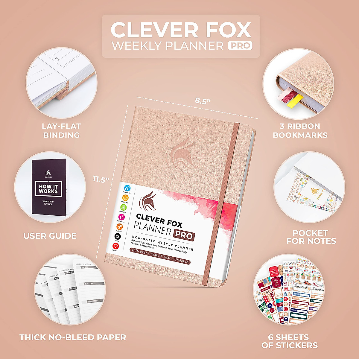 Clever Fox Planner PRO – Weekly & Monthly Life Planner to Increase Productivity, Time Management and Hit Your Goals, 8.5x11″ (Rose Gold)