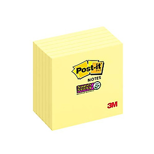 Post-it Super Sticky Notes, 3x3 in, 6 Pads, 2X the Sticking Power, Canary Yellow (654-6SSCY)