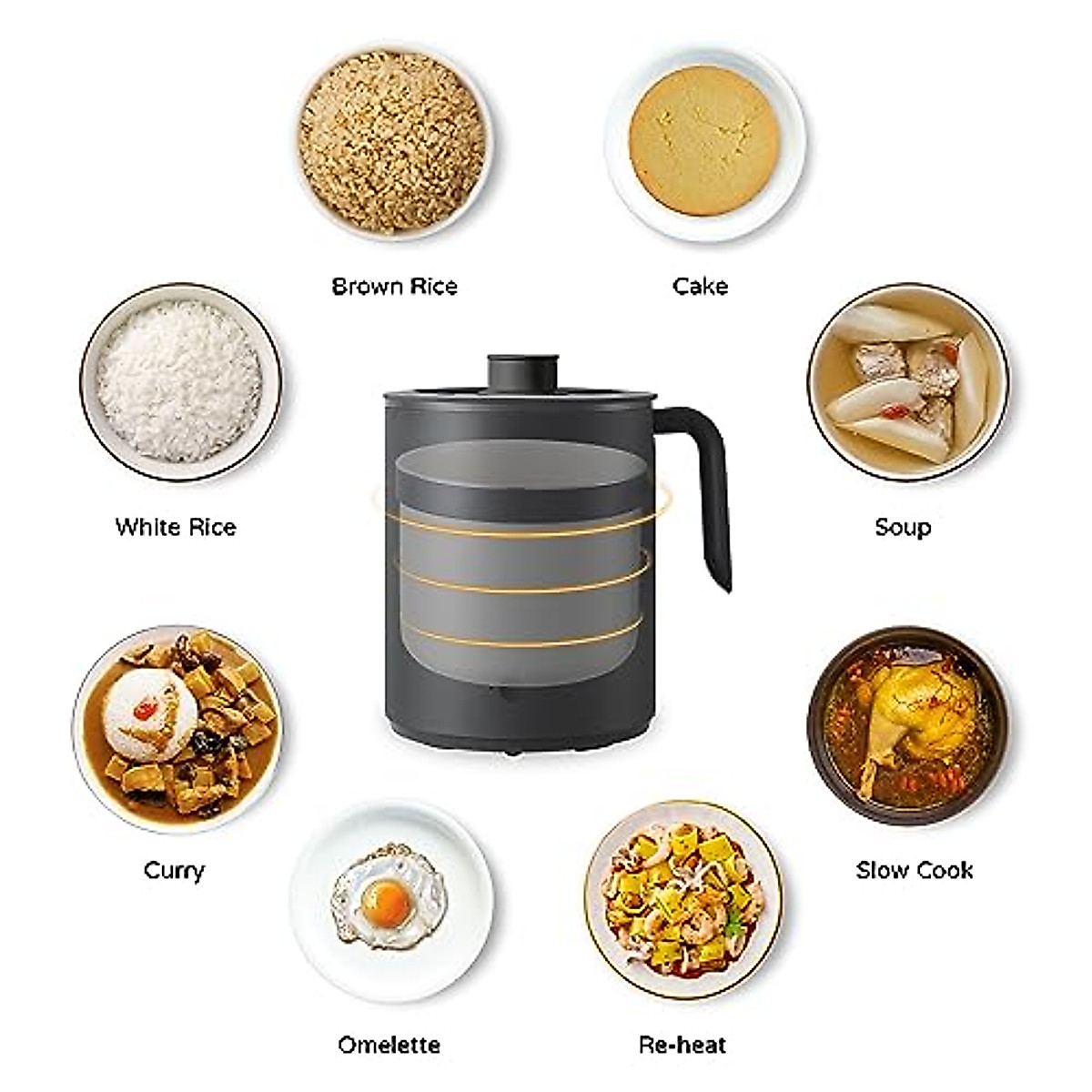 OCTAVO 2 Cup Rice Cooker Mini Small Size 5 Preset Function with 4/6/8 Delay Timer, 1.0L Rice Cooker with Portable Handle, Simplicity Glass Lid Small Rice Cooker for 1-2 People, Rice maker, black