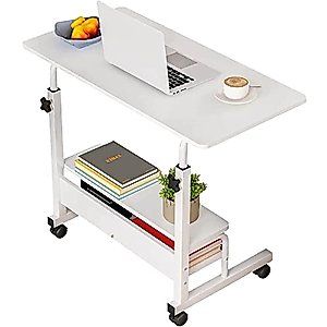 Adjustable Table Student Computer Desk Portable Home Office Furniture Small Spaces Desk Sofa Bedroom Bedside Desk Learn Play Game Desk on Wheels Movable with Storage Desk Size 31.5 * 15.7 Inch,White