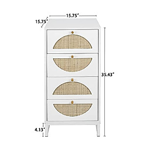 SSLine Wood&Rattan 4 Drawer Dresser 35" Tall Bedside Table Accent Storage Cabinet with Semi-Circle Wicker Drawers White Bedroom Nightstand Chest of Drawer w/Metal Frame for Living Room Entryway